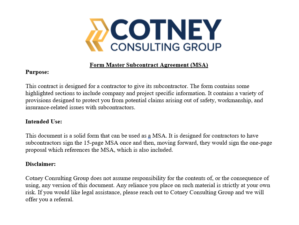 master subcontract agreement template